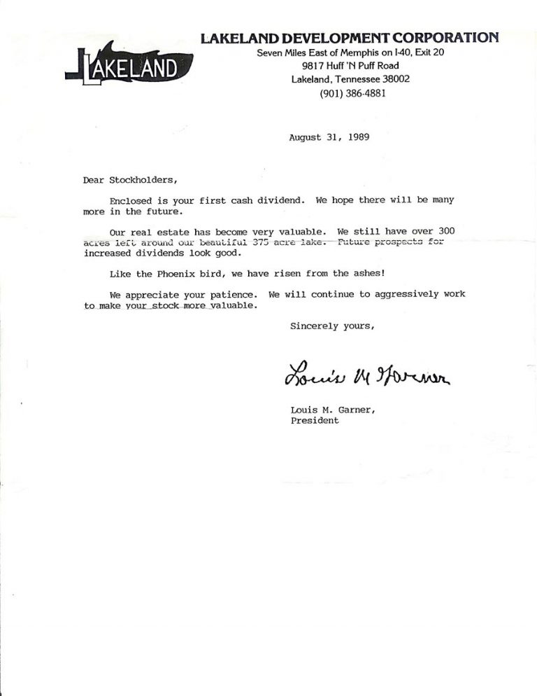 Stock Cash Dividend Letter Garner Lake Lakeland TN